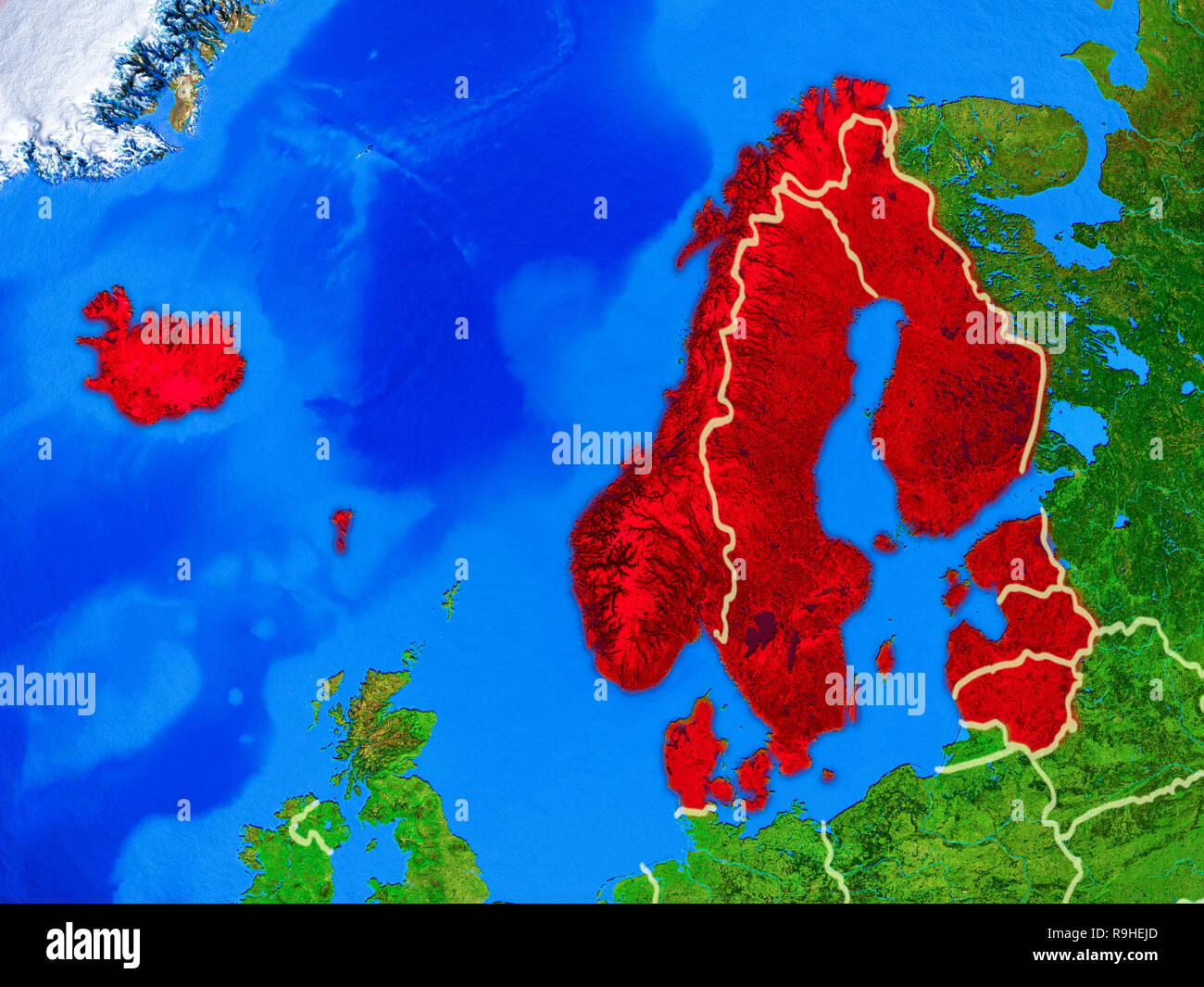 Northern Europe from space on model of planet Earth with country ...