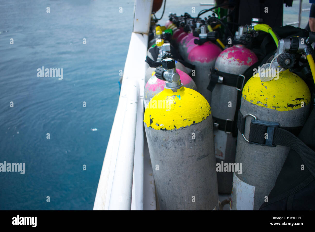 equipment for diving. a row of balloons on a yacht against the ...