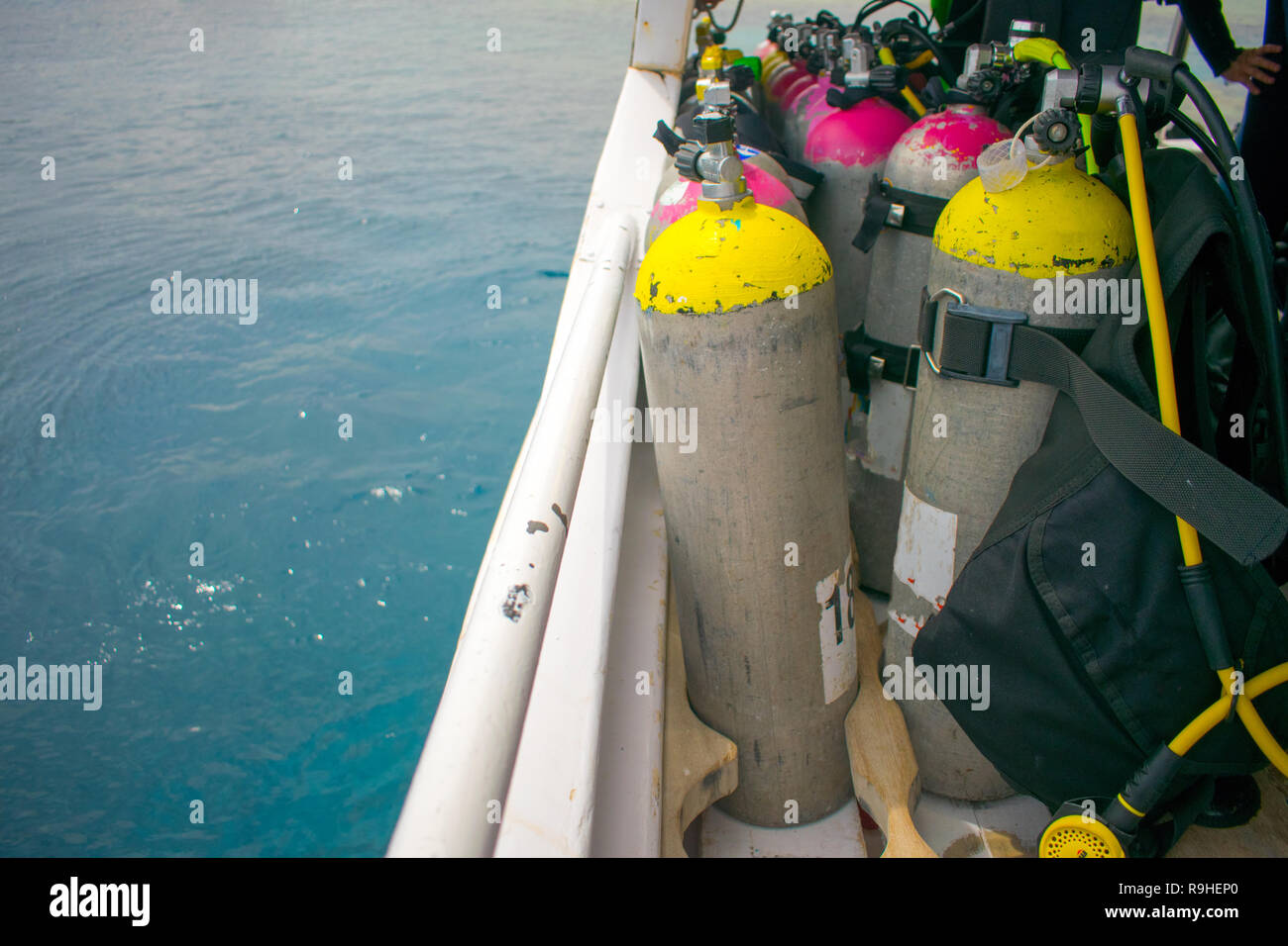 equipment for diving. a row of balloons on a yacht against the ...