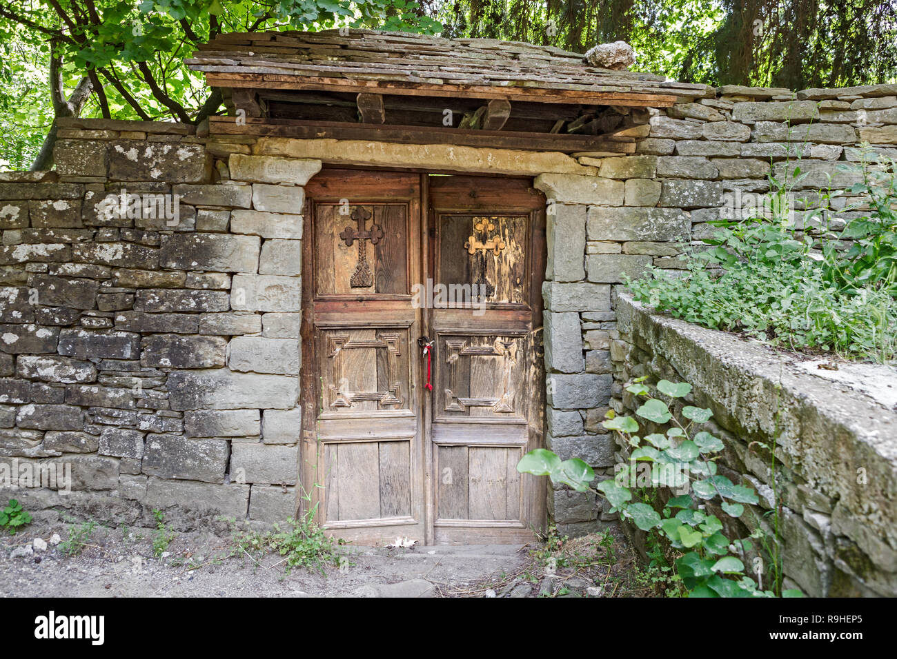 Entrance Leusa church site Permet Albania Stock Photo - Alamy
