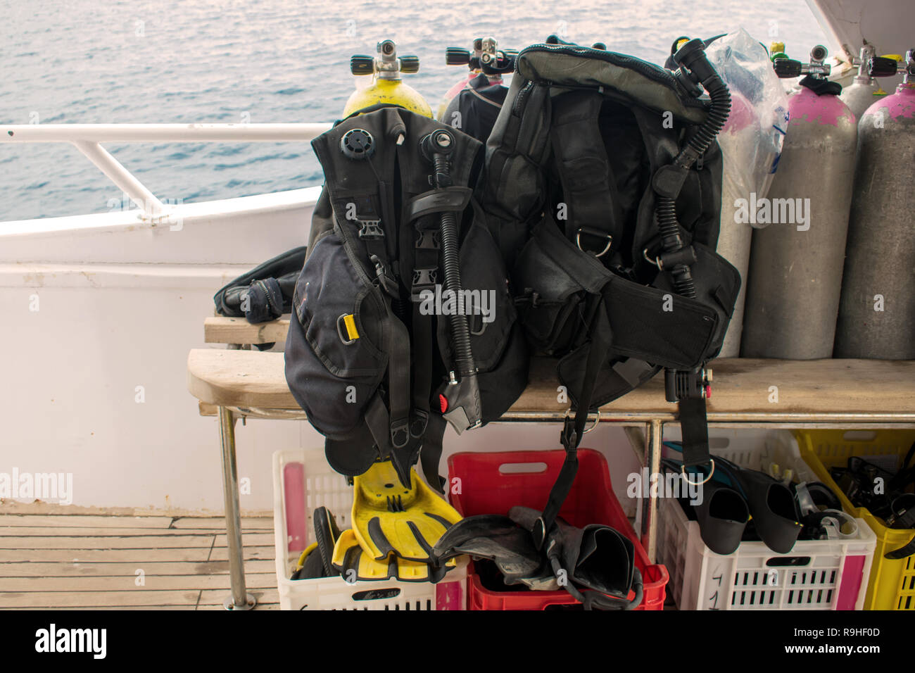 equipment for diving. a row of balloons on a yacht against the ...