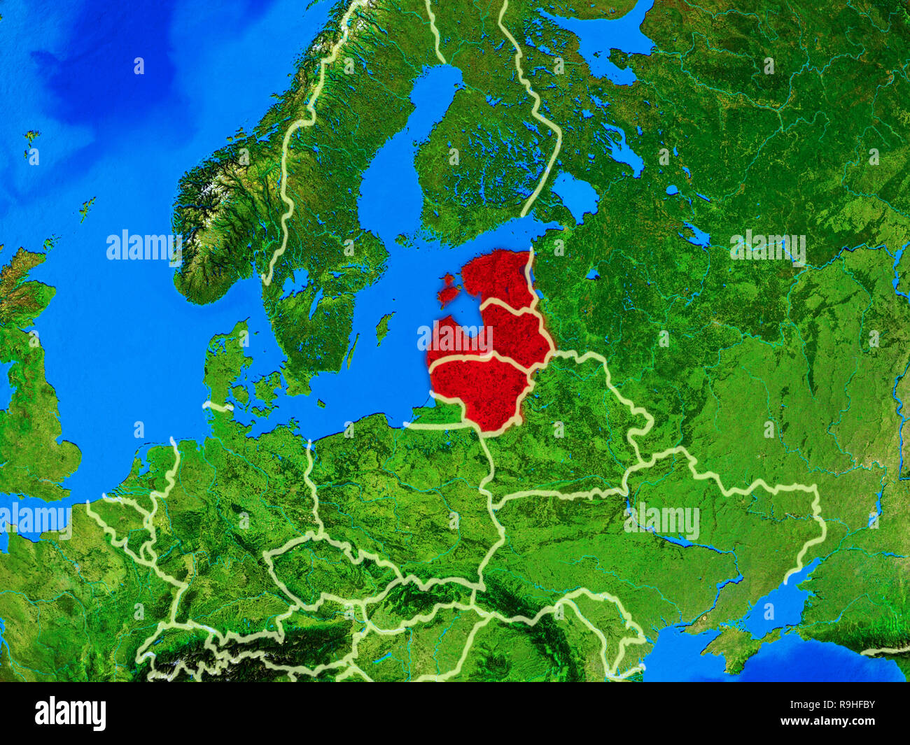 Baltic States from space on model of planet Earth with country borders ...