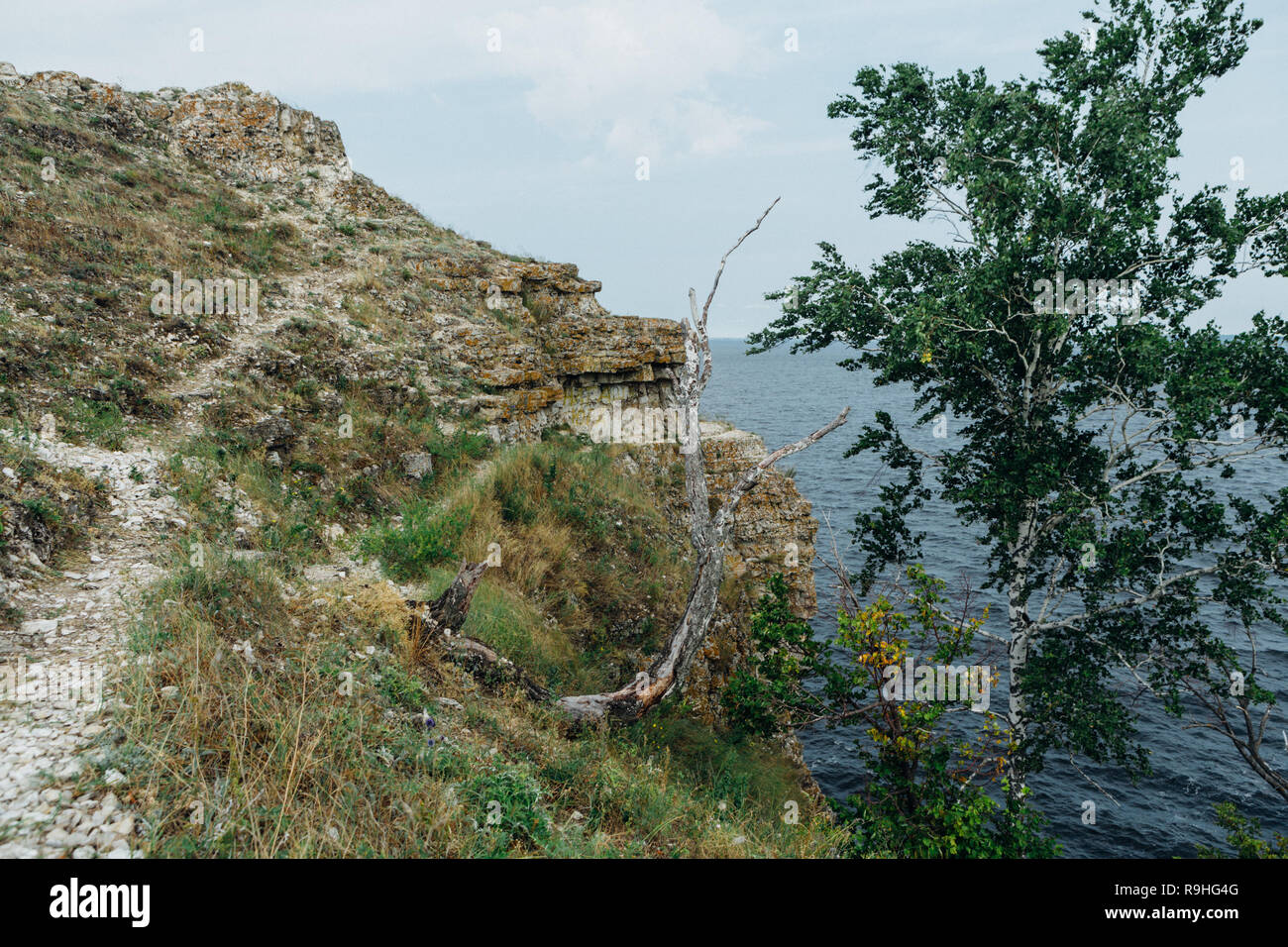 landscape river cliff grass on the sky background Stock Photo - Alamy
