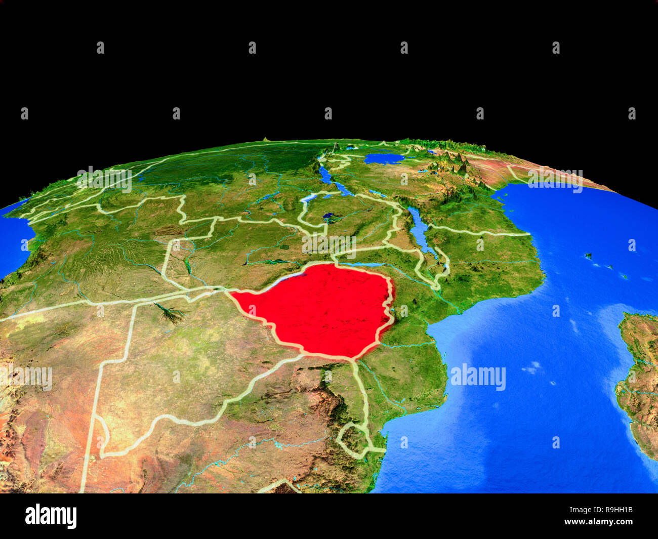 Zimbabwe on model of planet Earth with country borders and very ...