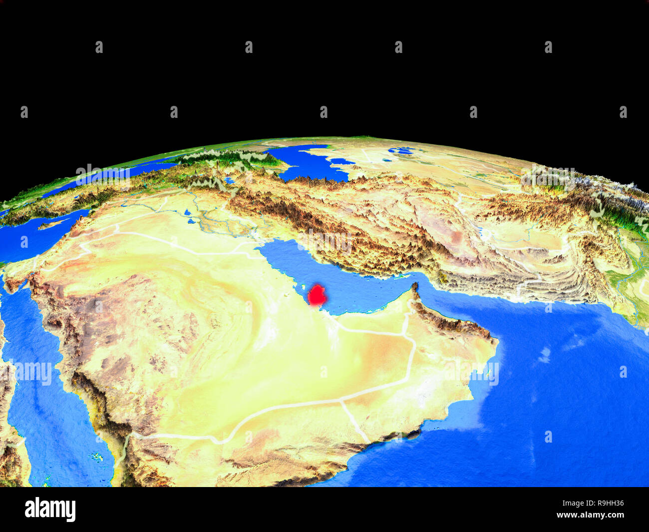 Qatar on model of planet Earth with country borders and very detailed ...