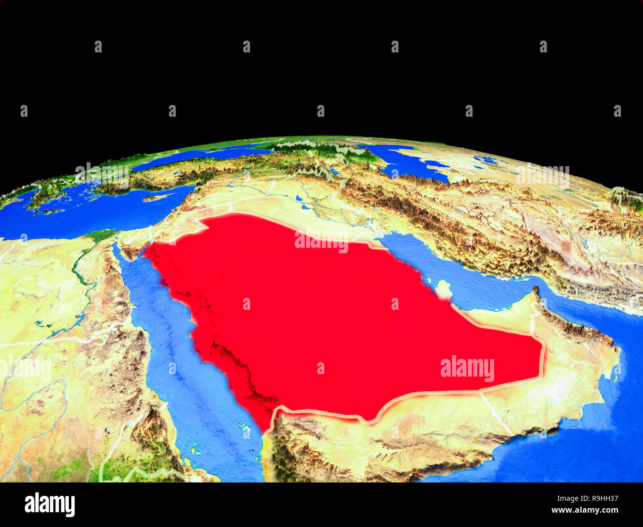 Saudi Arabia on model of planet Earth with country borders and very ...