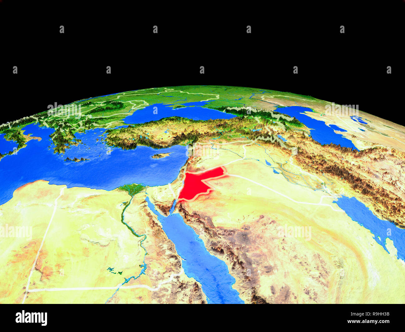 Jordan on model of planet Earth with country borders and very detailed ...