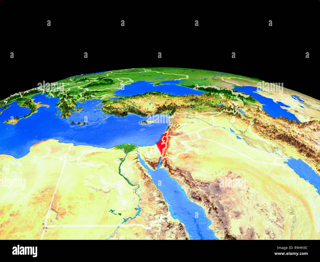 Israel on model of planet Earth with country borders and very detailed ...