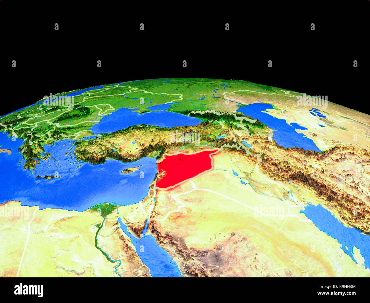 Syria on model of planet Earth with country borders and very detailed ...