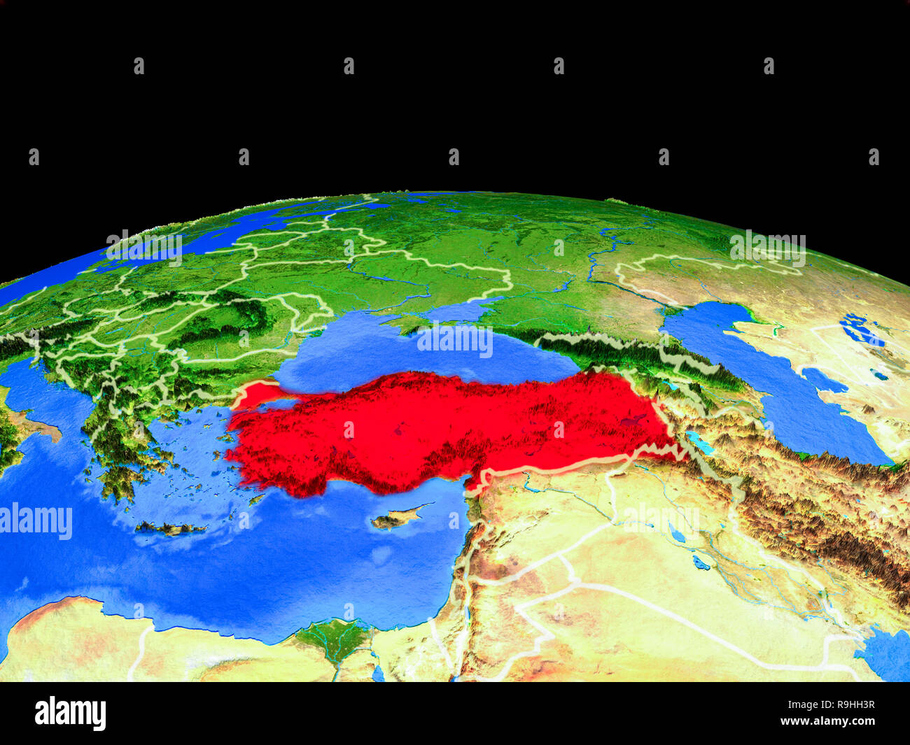 Turkey on model of planet Earth with country borders and very detailed ...
