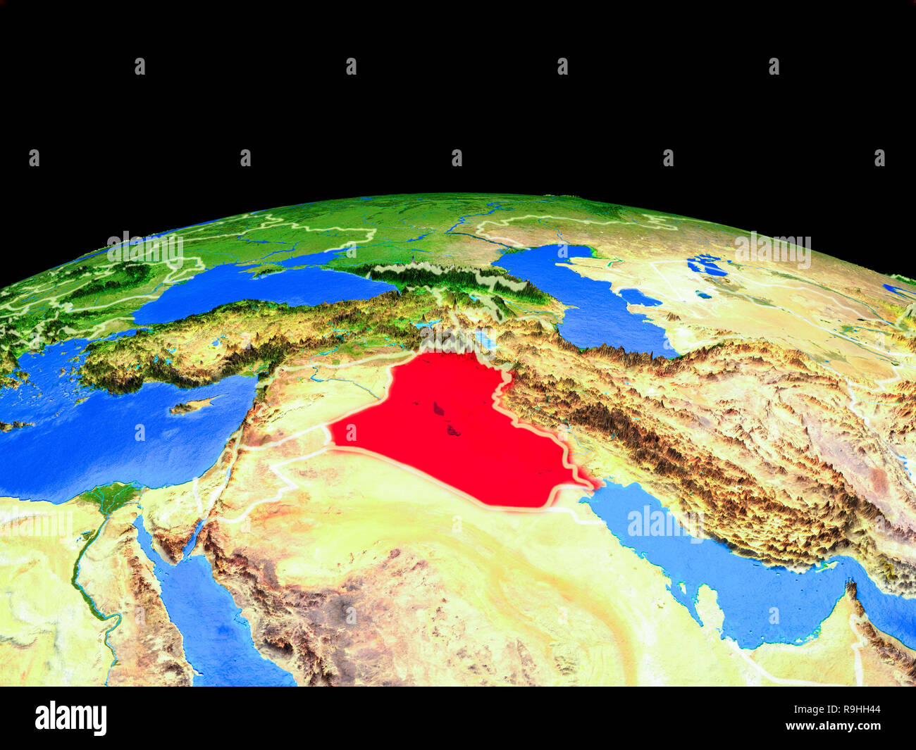 Iraq on model of planet Earth with country borders and very detailed planet surface. 3D ...