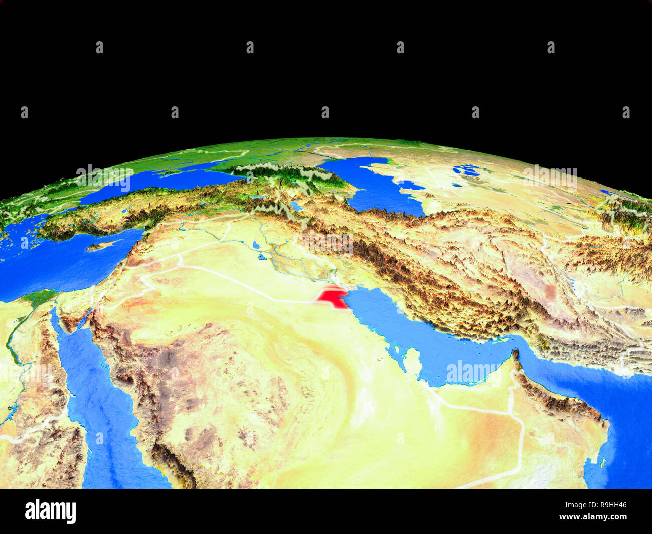 Kuwait on model of planet Earth with country borders and very detailed ...