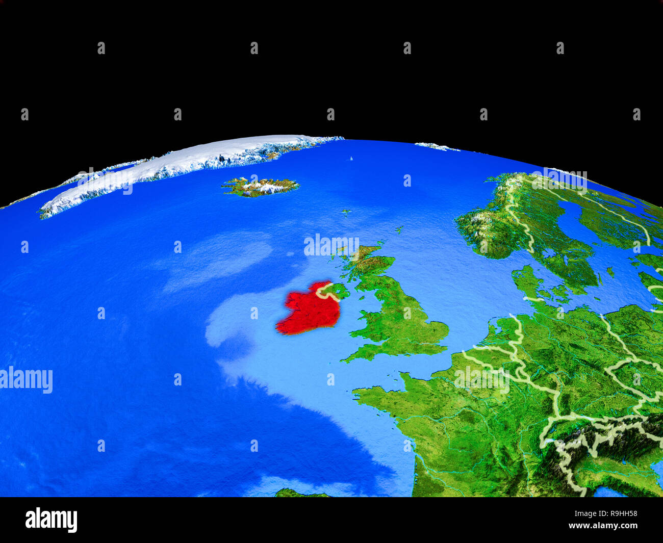 Ireland on model of planet Earth with country borders and very detailed ...