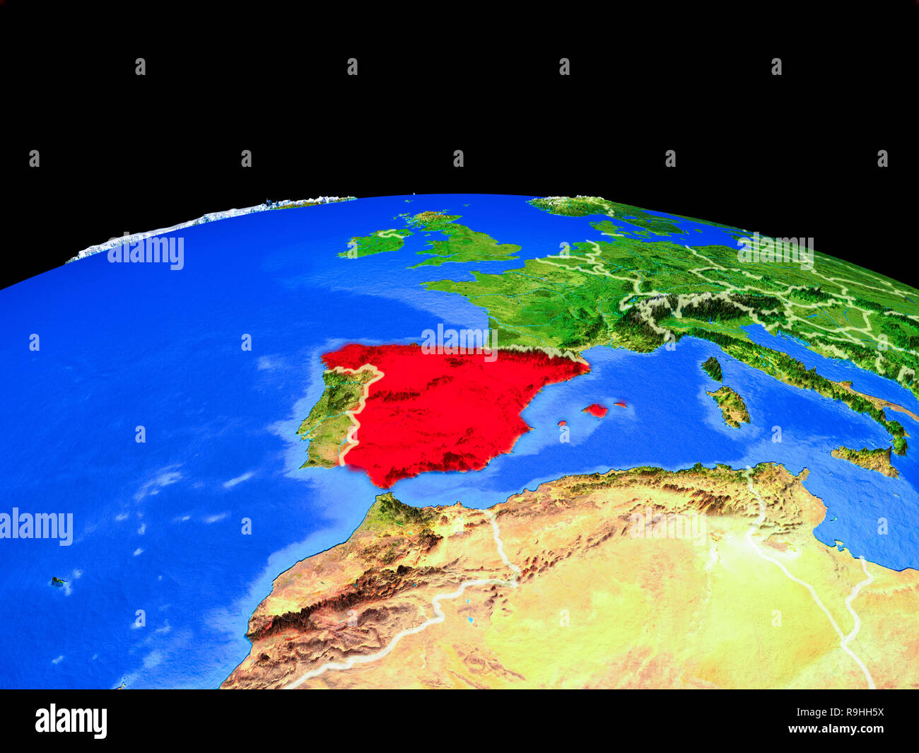 Spain on model of planet Earth with country borders and very detailed ...