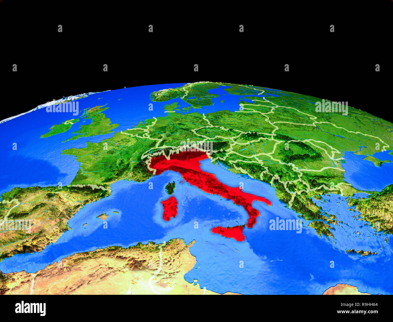 Italy on model of planet Earth with country borders and very detailed ...
