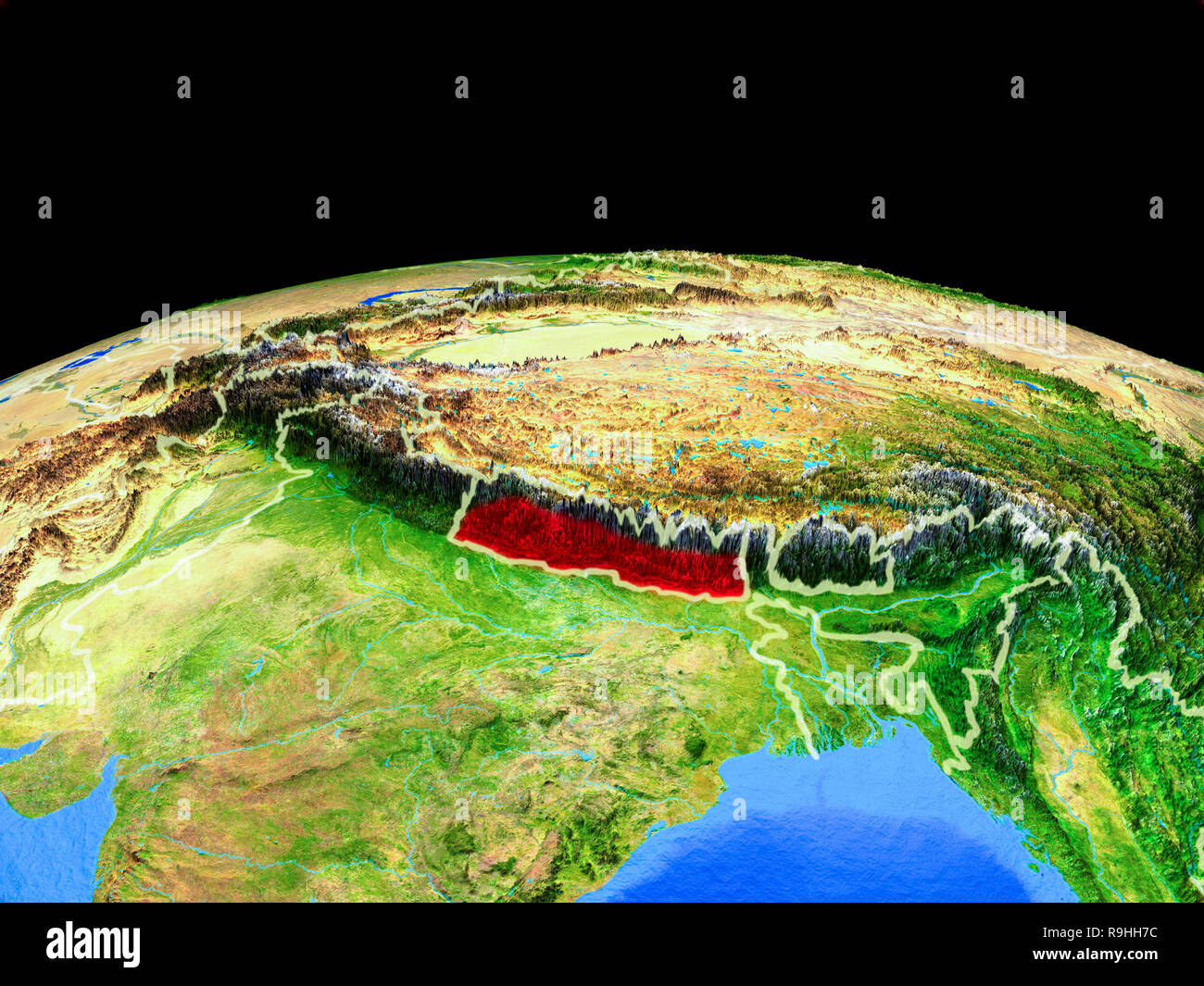 Nepal on model of planet Earth with country borders and very detailed ...