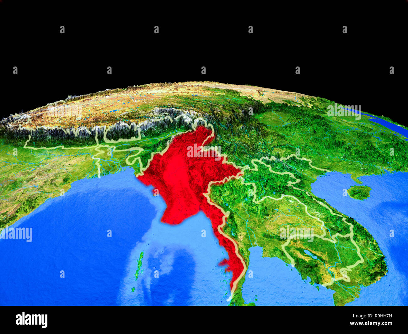 Myanmar on model of planet Earth with country borders and very detailed ...