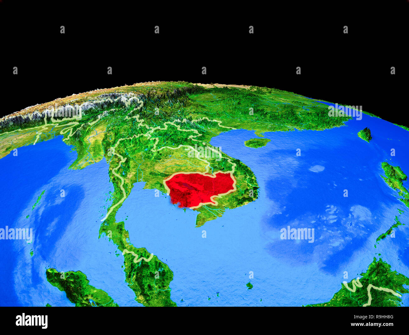 Cambodia on model of planet Earth with country borders and very ...