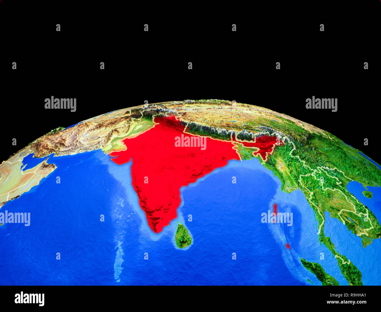 India on model of planet Earth with country borders and very detailed ...
