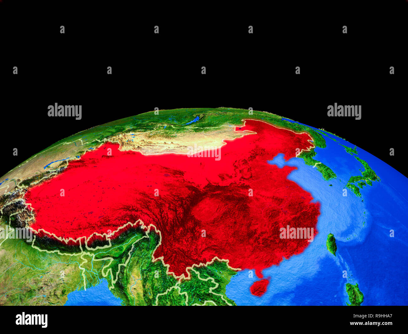 China on model of planet Earth with country borders and very detailed ...