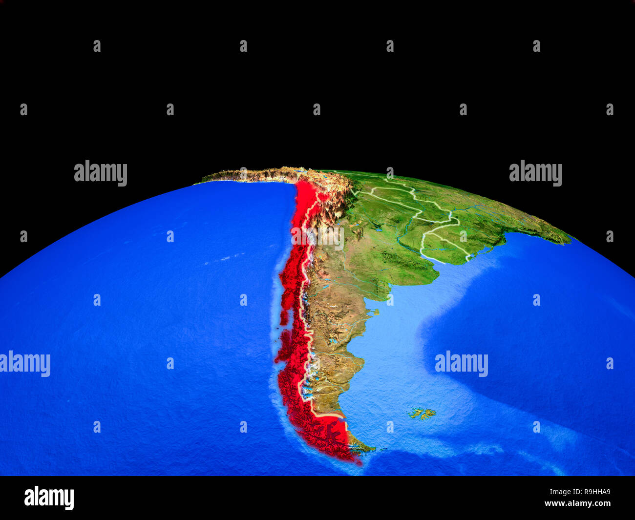 Chile on model of planet Earth with country borders and very detailed ...