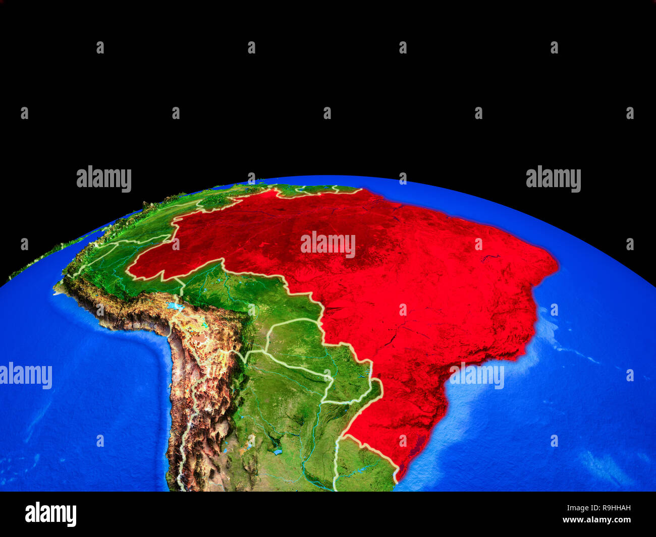 Brazil on model of planet Earth with country borders and very detailed ...