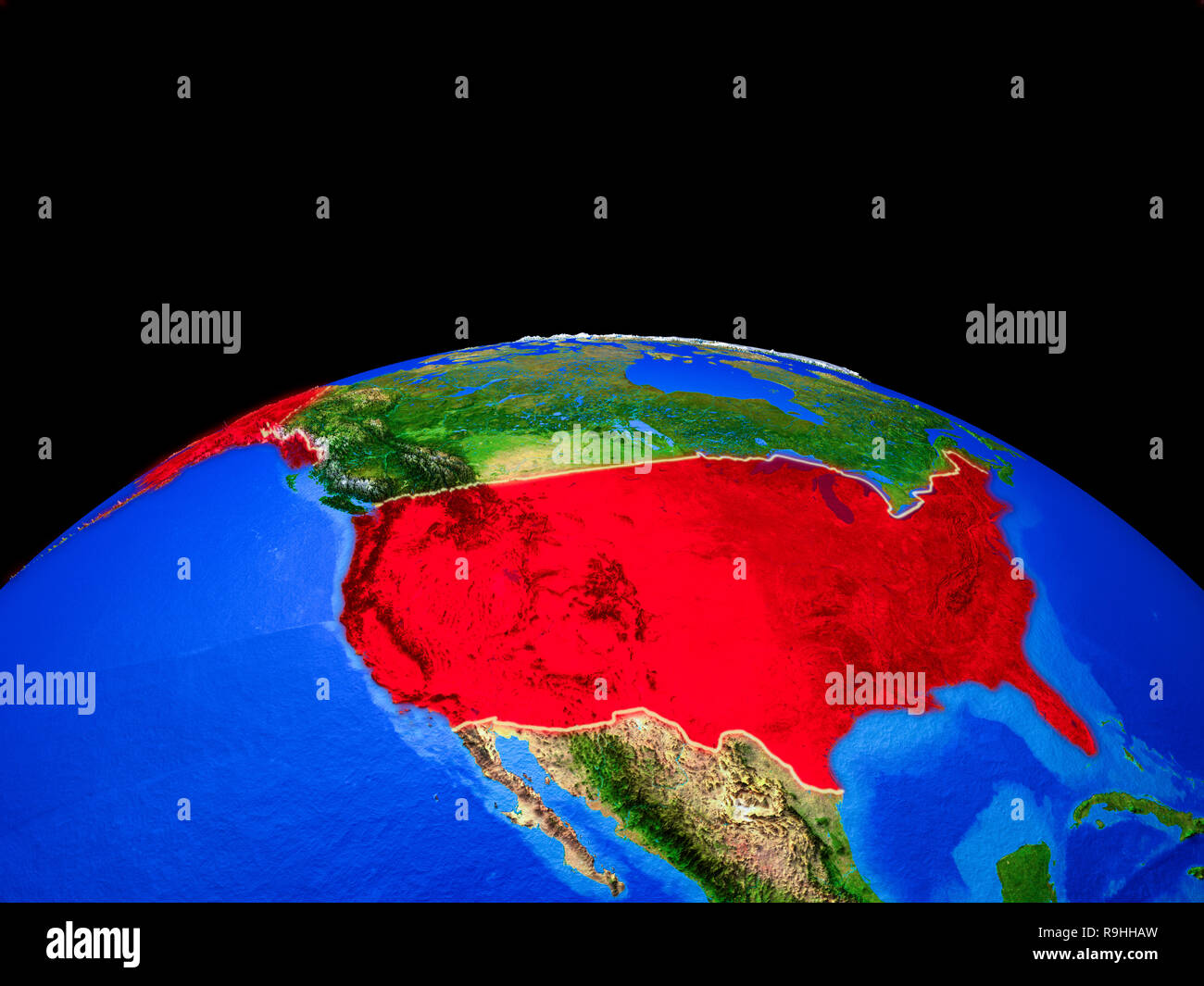 USA on model of planet Earth with country borders and very detailed ...