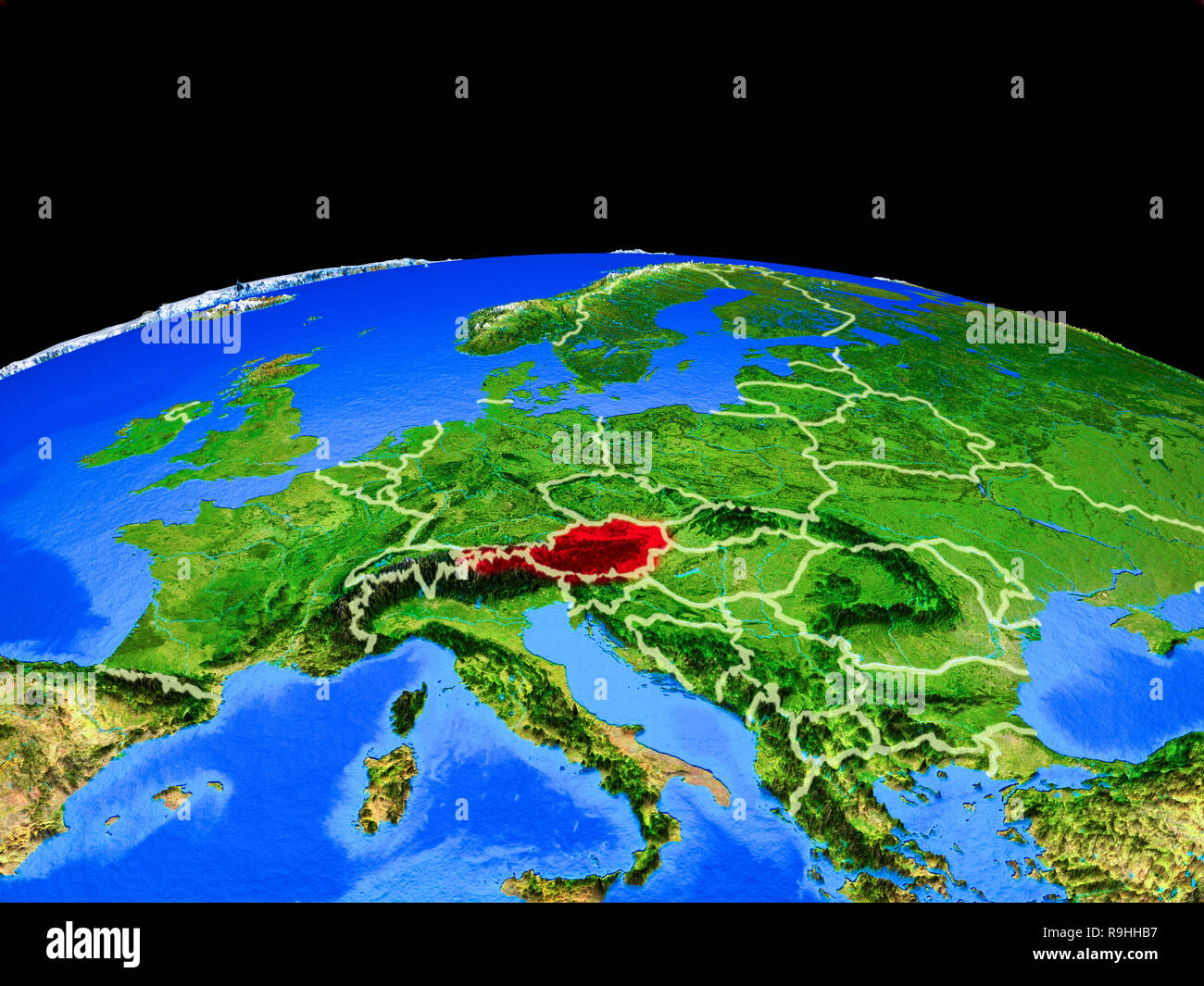 Austria on model of planet Earth with country borders and very detailed ...