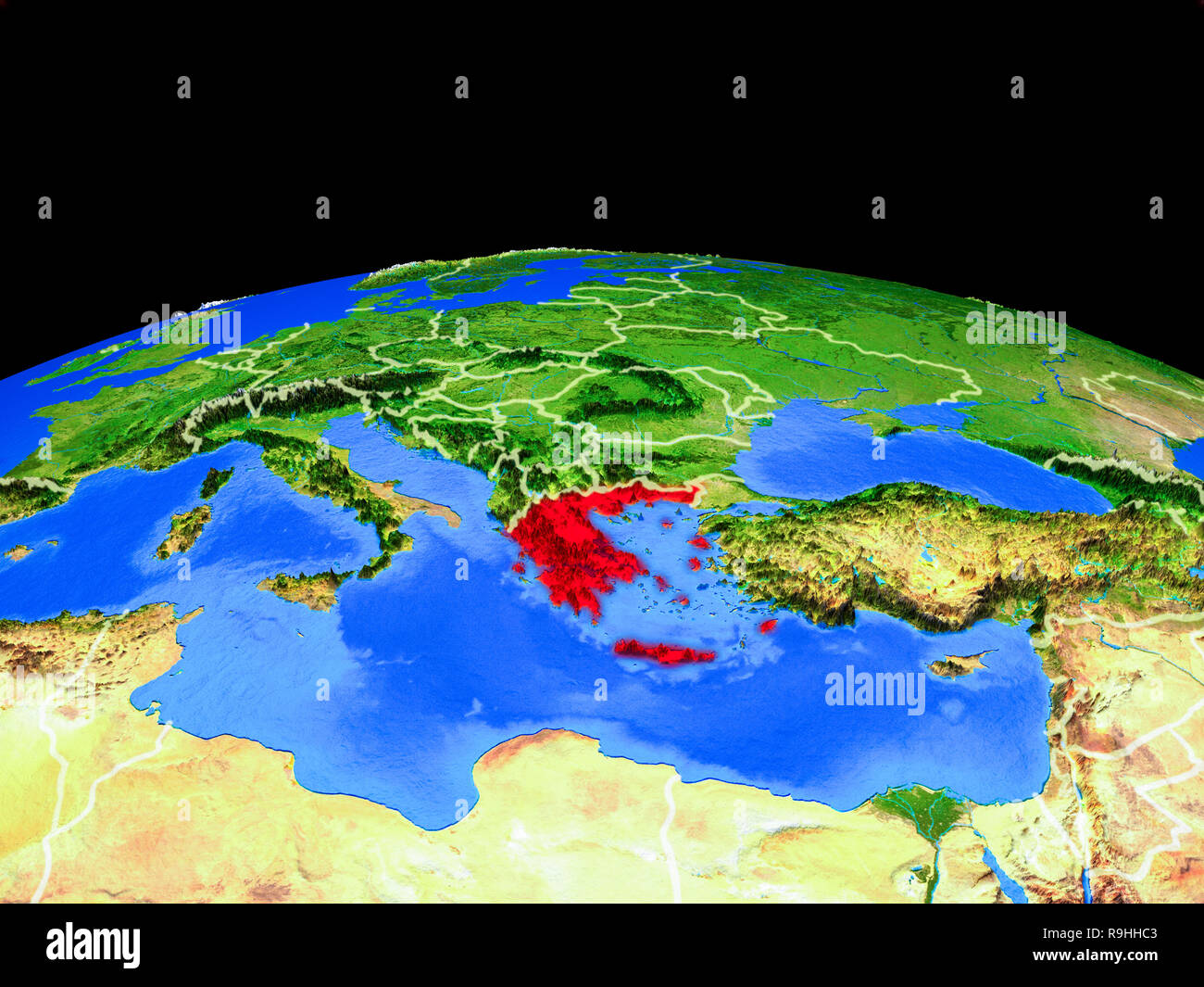 Greece on model of planet Earth with country borders and very detailed ...
