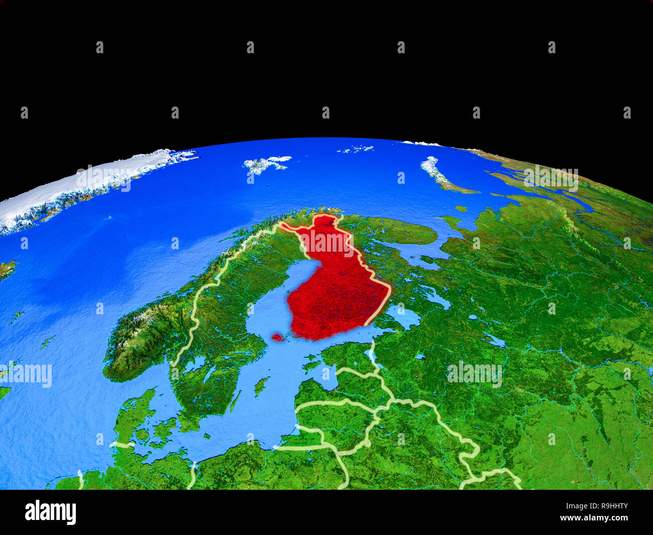 Finland on model of planet Earth with country borders and very detailed ...