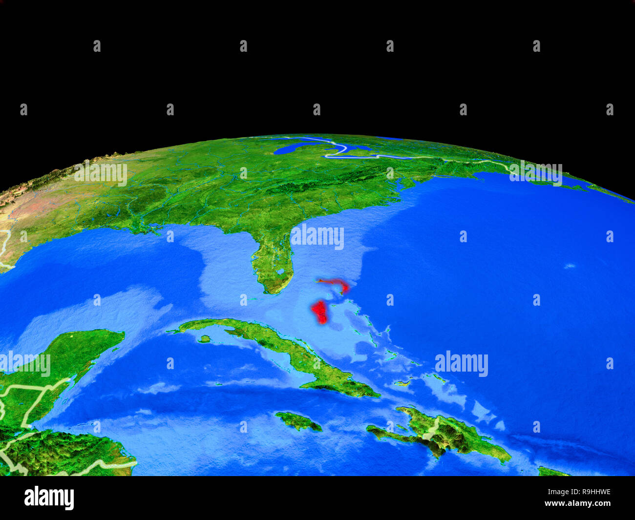 Bahamas on model of planet Earth with country borders and very detailed ...