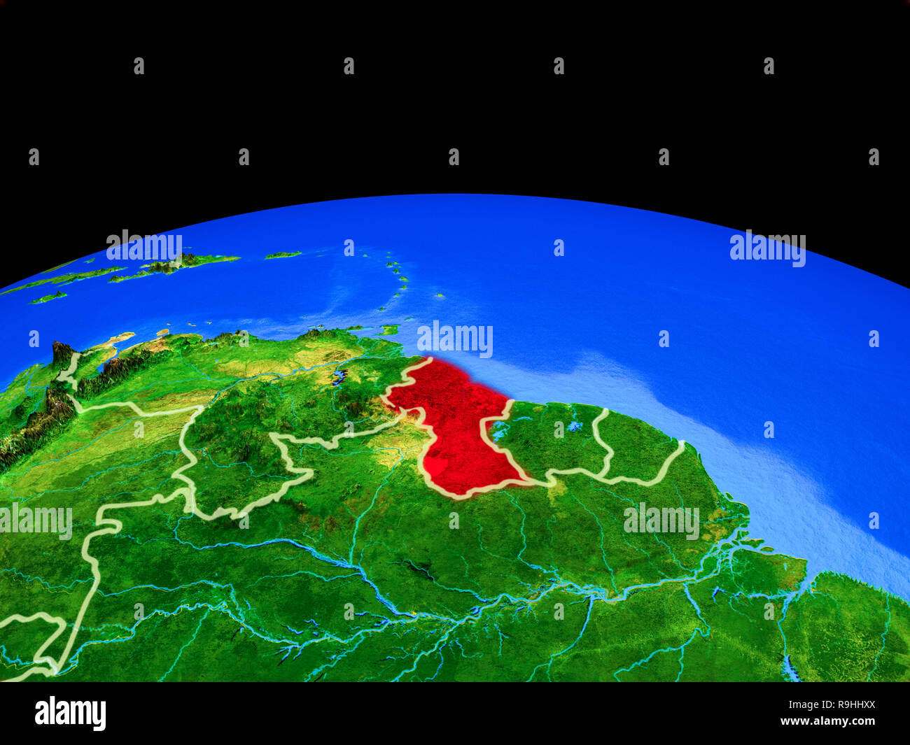 Guyana on model of planet Earth with country borders and very detailed ...