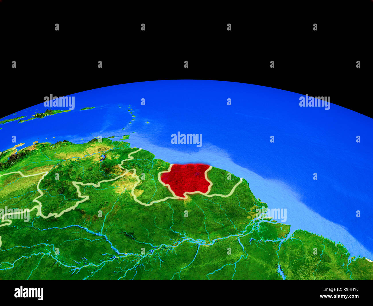 Suriname on model of planet Earth with country borders and very ...