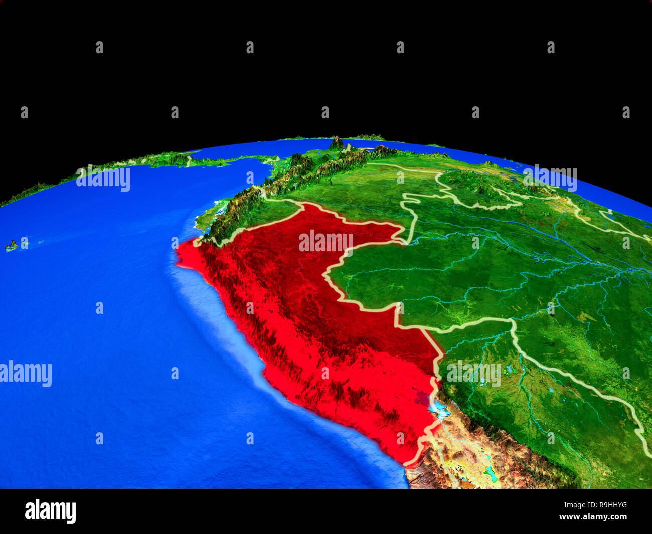 Peru on model of planet Earth with country borders and very detailed ...