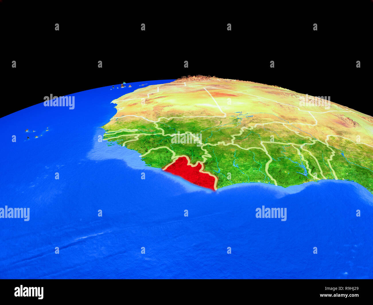 Liberia on model of planet Earth with country borders and very detailed ...