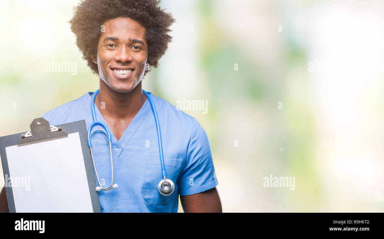 Afro american surgeon doctor holding clipboard man over isolated ...