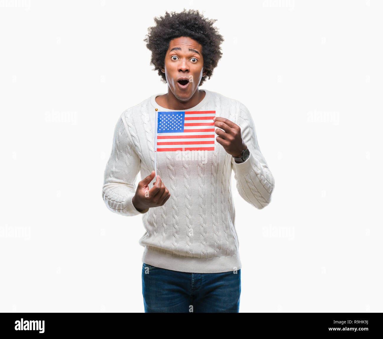 Afro american man flag of United States of America over isolated ...