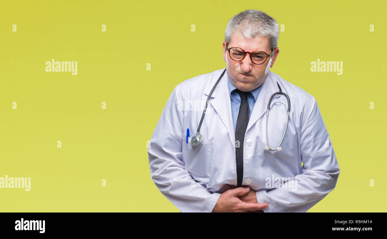 Handsome senior doctor man over isolated background with hand on ...
