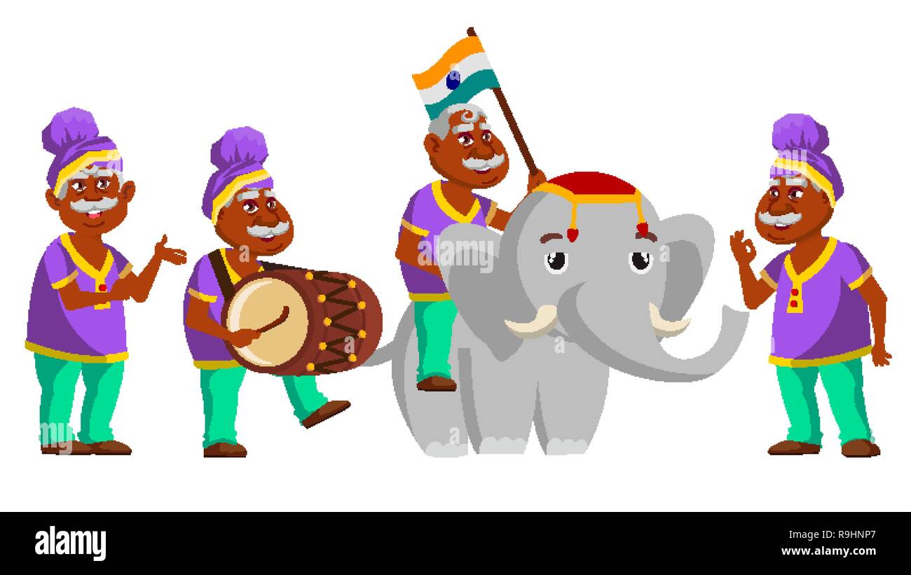 Indian Old Man Poses Set Vector. Elderly People. Hindu In Turban ...