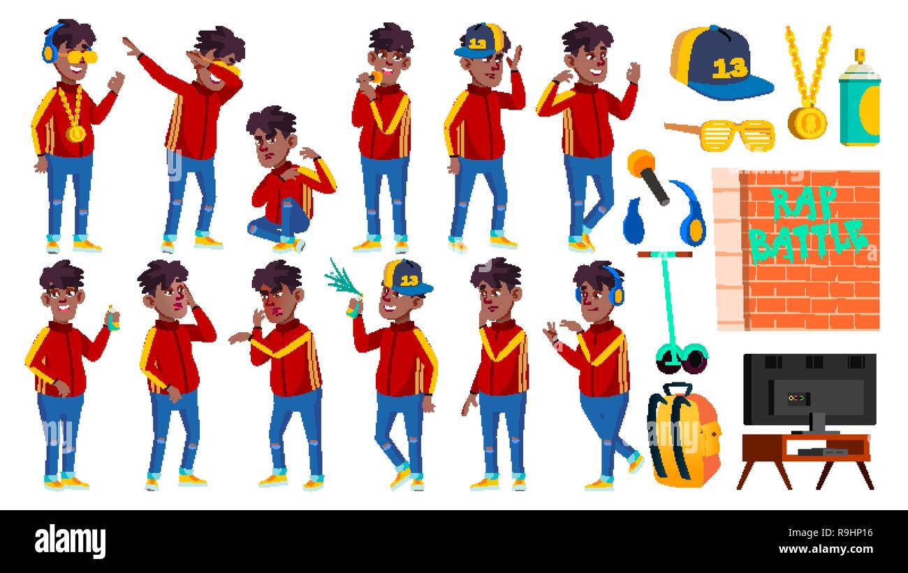 Rap Bottle Singer Boy Schoolboy Poses Set Vector. Black. Afro American ...
