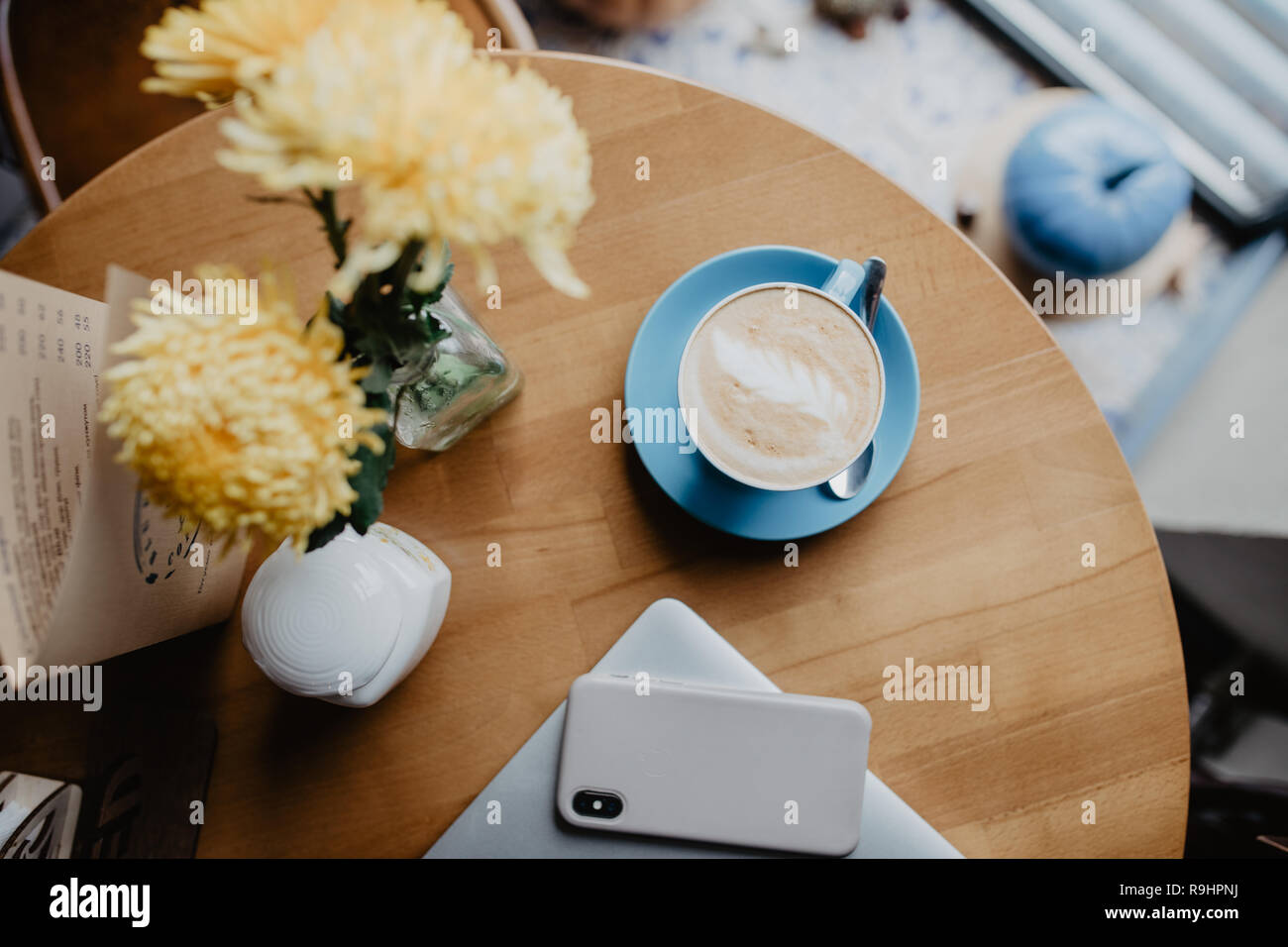 Minimalistic flat lay composition. Laptop computer, cell phone gadget ...