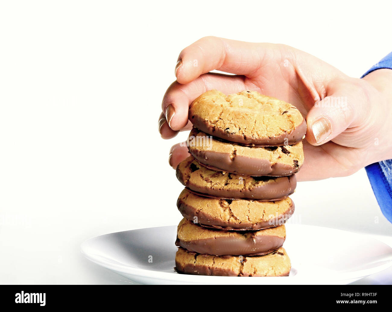 hand gesture saying stop unhealthy eating chocolate cookies stock photo ...