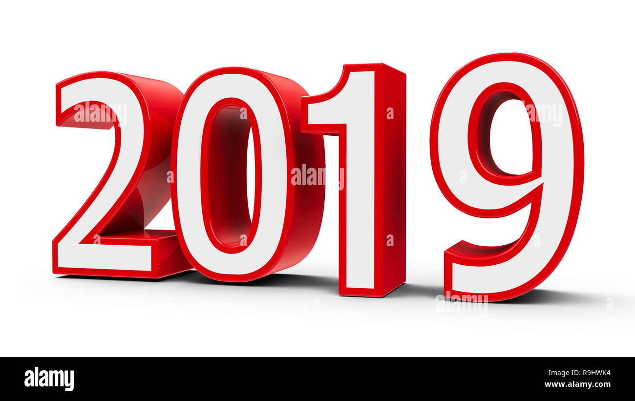 Red 2019 symbol, icon or button isolated on white background ...