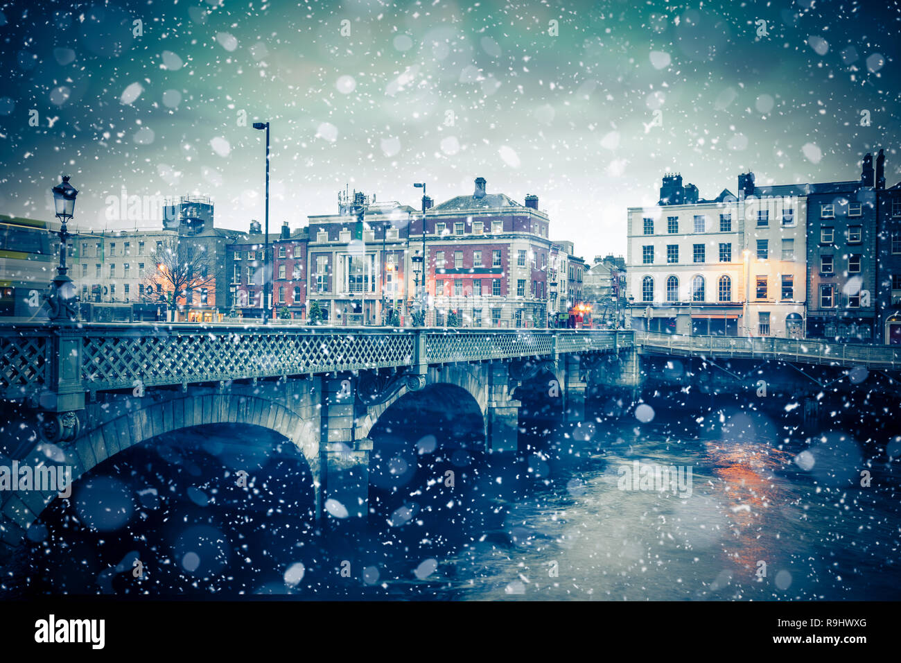 Evening view of Dublin Ireland at the Grattan Bridge of the River ...