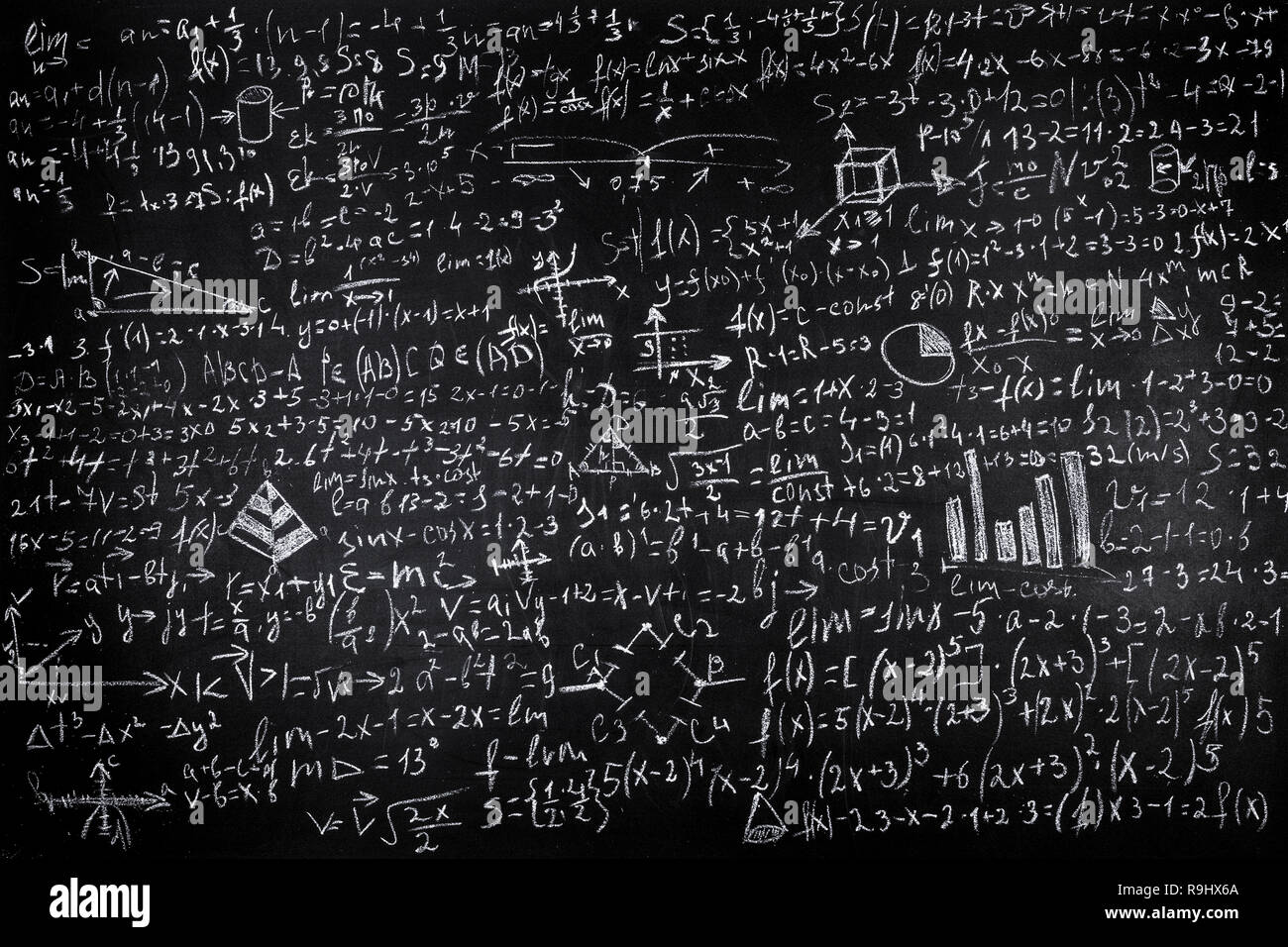 Blackboard inscribed with scientific formulas and calculations in ...