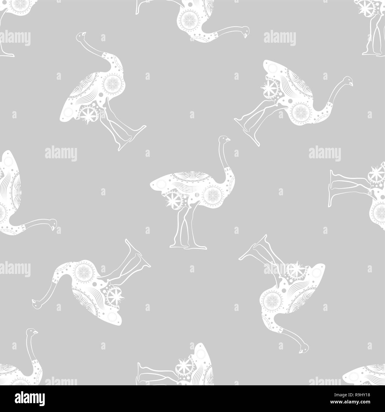 Ostrich bird. monochrome Graphic animal illustration. Seamless pattern ...