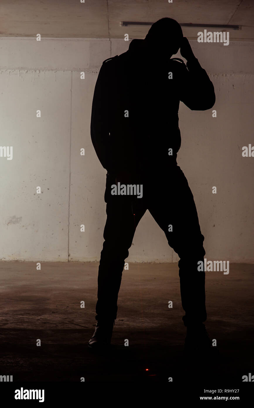 A man assassin silhouette is standing still and holding gun Stock Photo ...