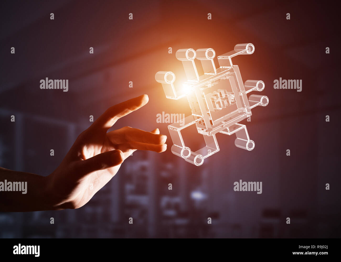 Computer technologies concept with glass GHz symbol. Mixed media Stock ...