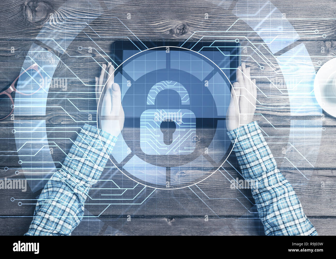 Concept of computer access with media lock icon on tablet screen Stock ...