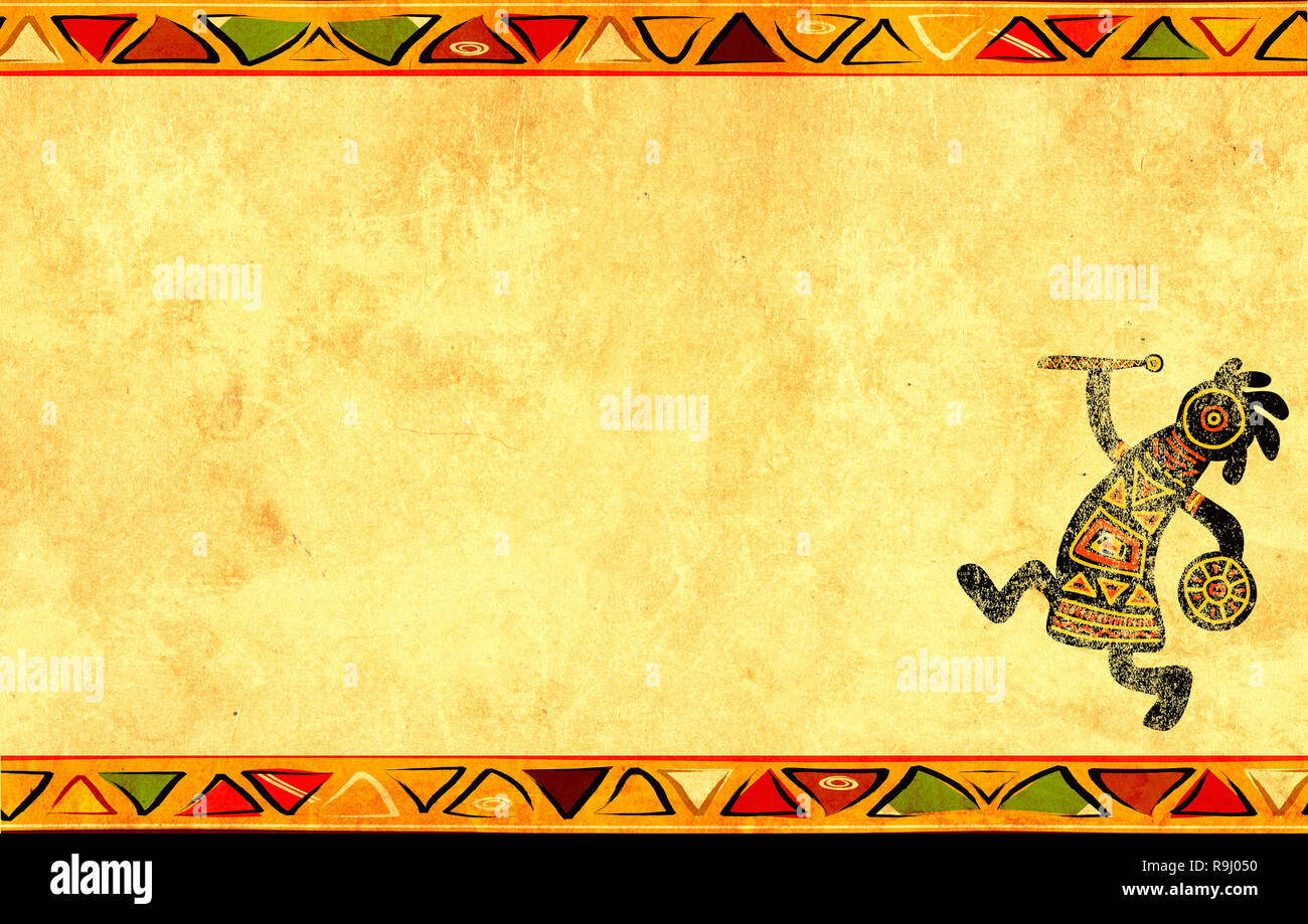 Dancing musician. Grunge background with African traditional patterns ...